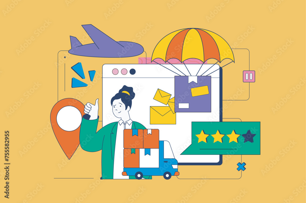 Delivery concept in flat neo brutalism design for web. Woman sends ...