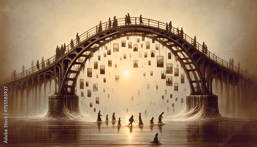an evocative digital painting of a bridge that gracefully arches over a ...