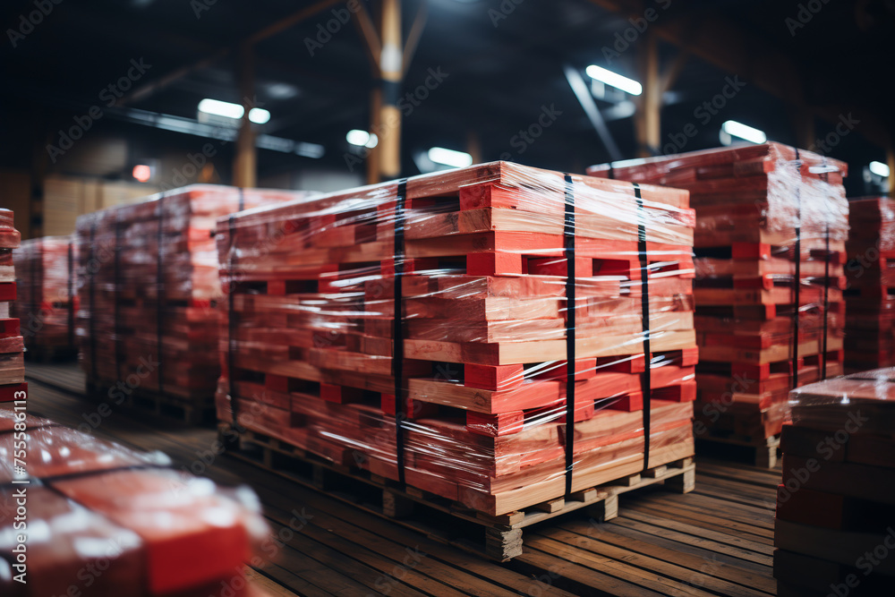 Wooden pallets are stacked along a wall in a warehouse. Pallets with ...