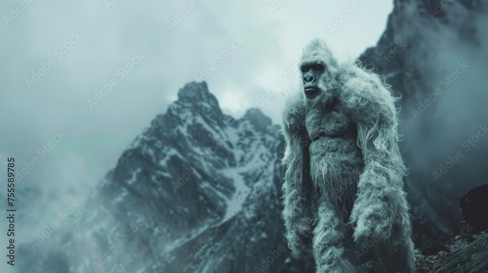 White bigfoot lives in snowy winter mountains. Scary yeti beast ...