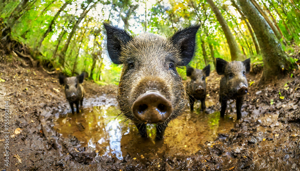 Closeup, front view and bottom view of a family of wild boar standing ...