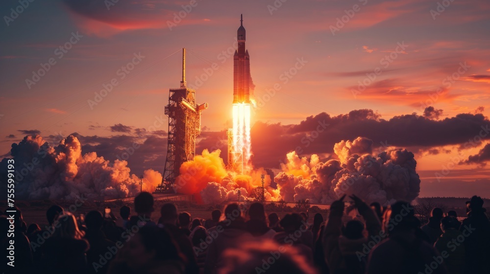 The launch of a space rocket, captured from a distance, with a crowd ...