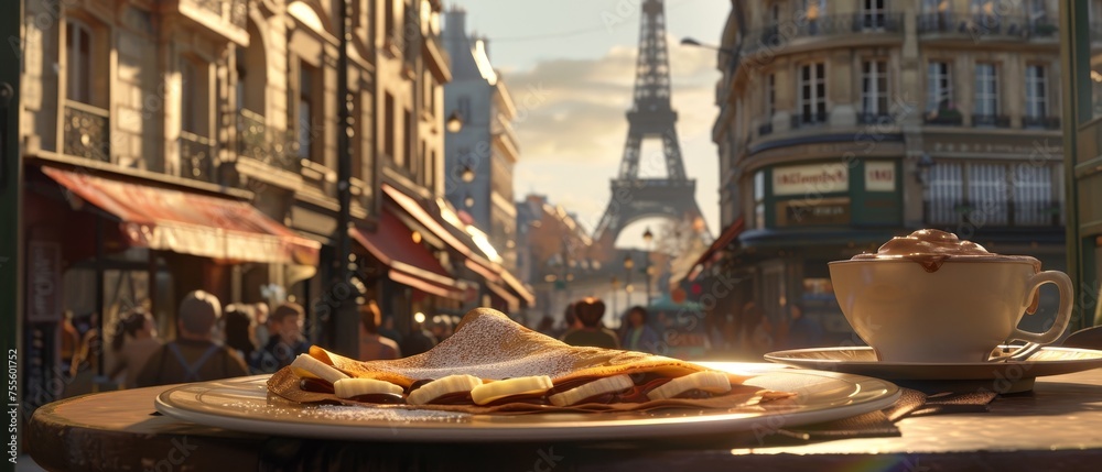 Delicious crepe with bananas on a Paris street, Eiffel Tower in the ...