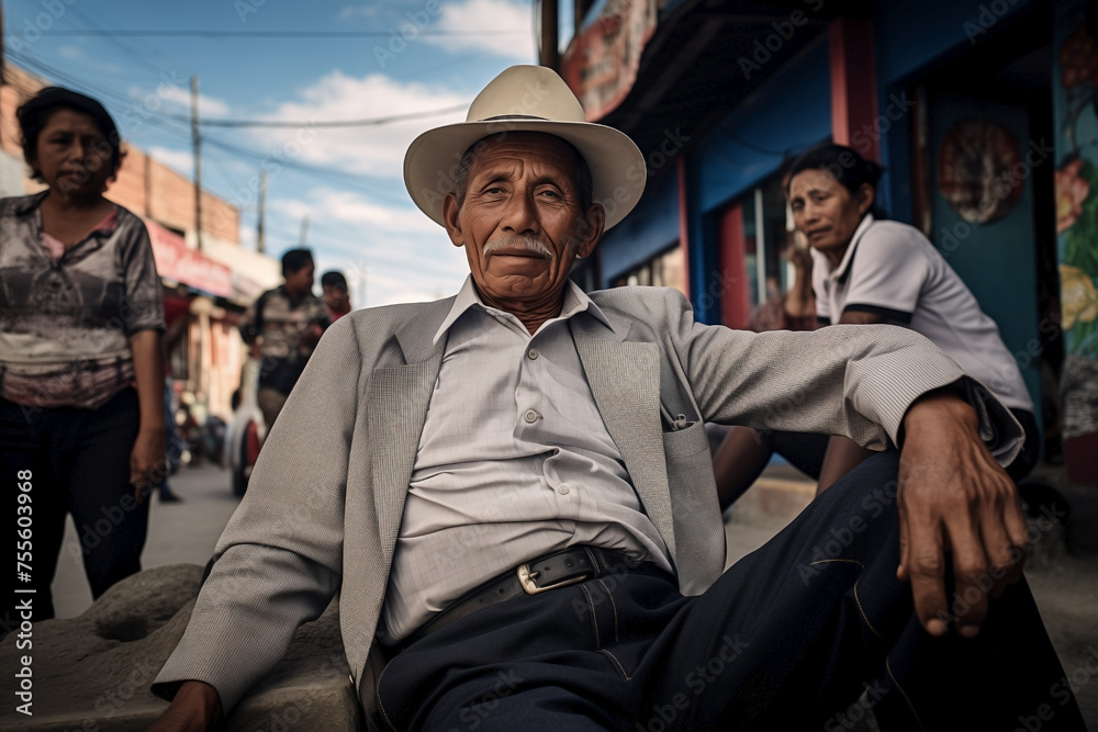 Confident senior man sitting on the ground in the street. Concept of ...