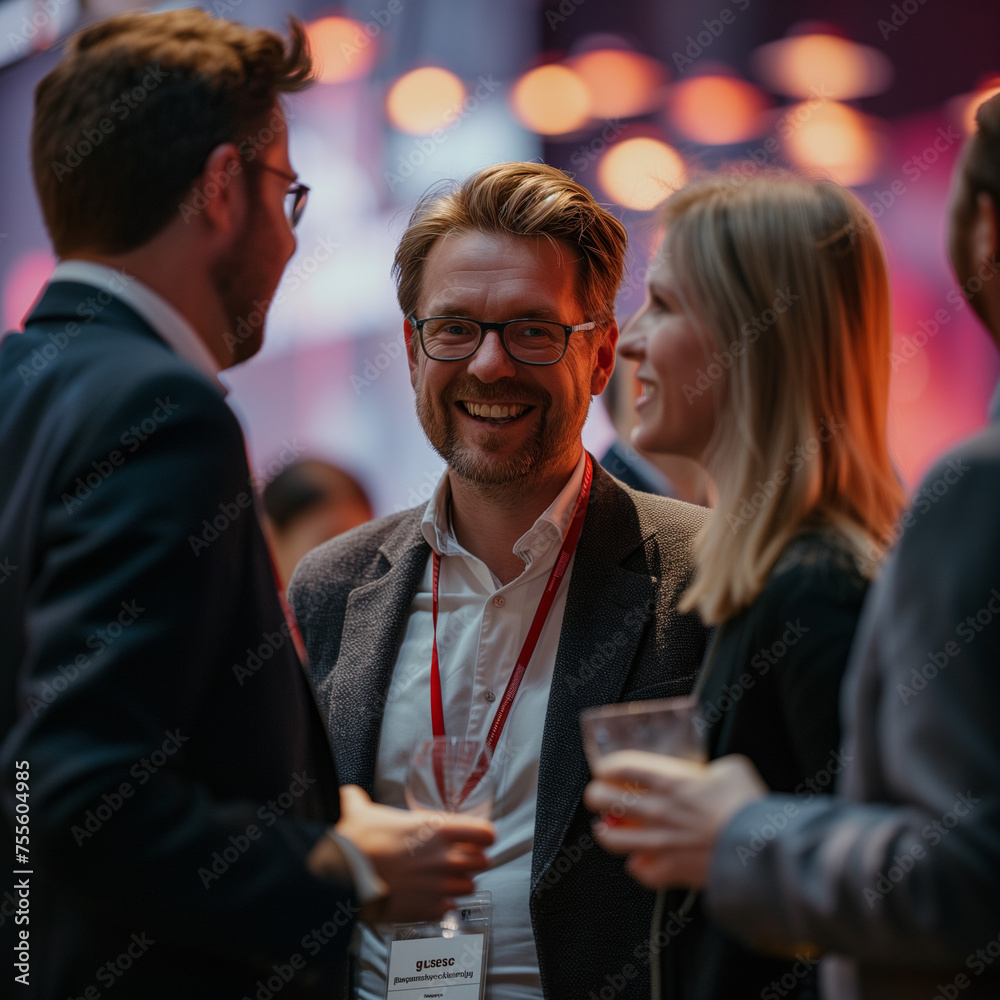 delegates networking at a conference drinks reception. Attendees engage ...