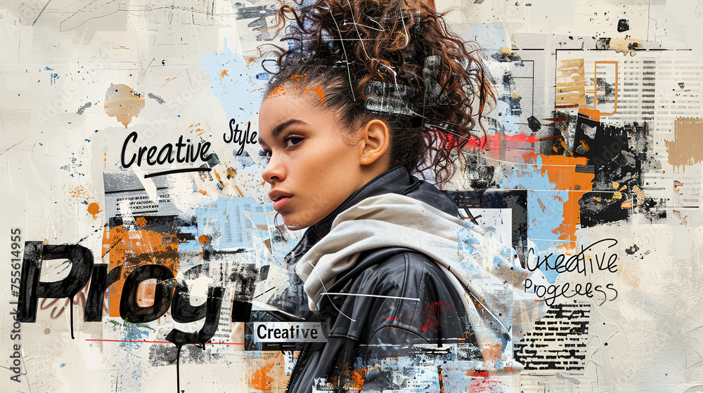 Collage on a white Background, with black typographic elements such as ...