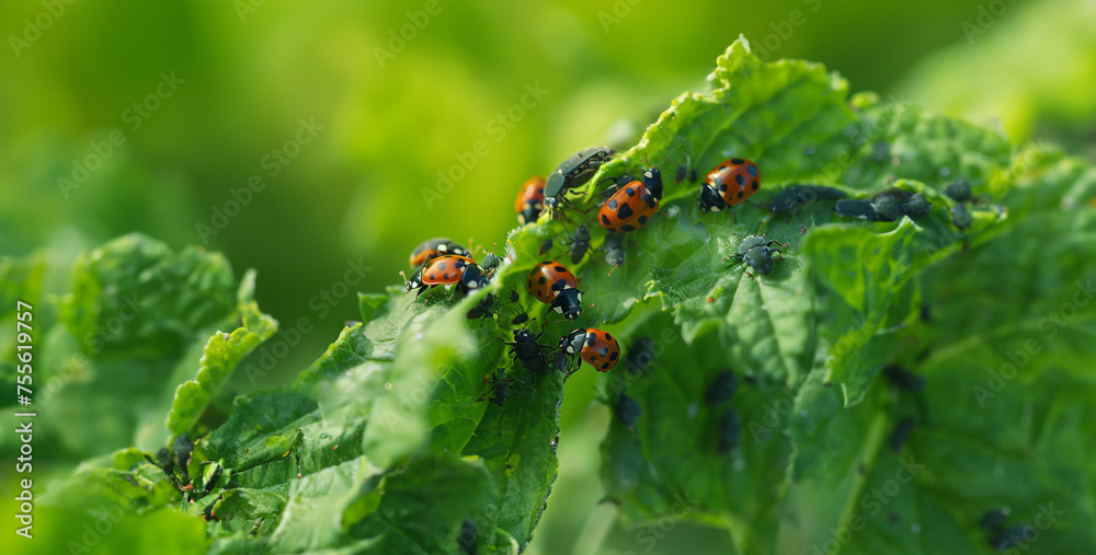 ladybird on a leaf, A swarm of ladybugs descend upon a colony of aphids ...