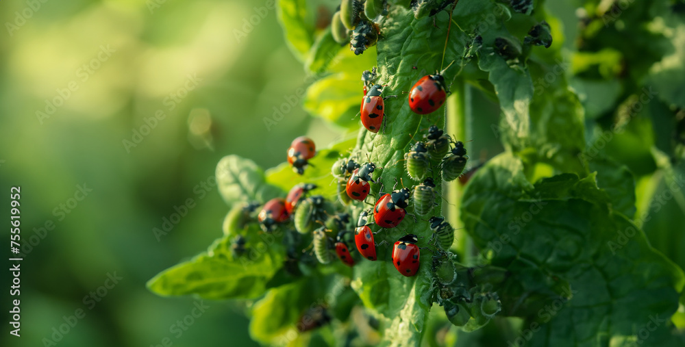 ladybird on a green leaf, A swarm of ladybugs descend upon a colony of ...
