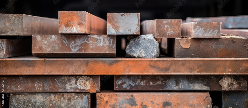 A pile of steel bars, compressed from demolished buildings, is stacked ...
