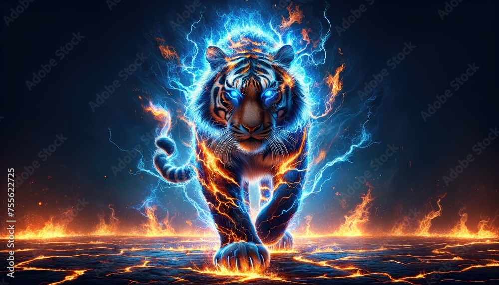 Dynamic digital art of a tiger roaring amidst a storm of fire and ...