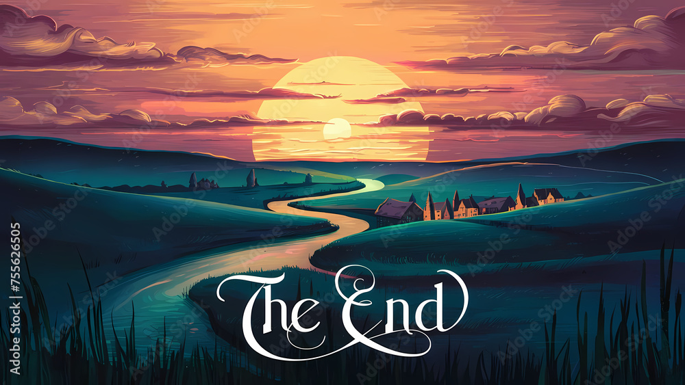 the concept of "The End", depicting a scenic sunset over a tranquil ...