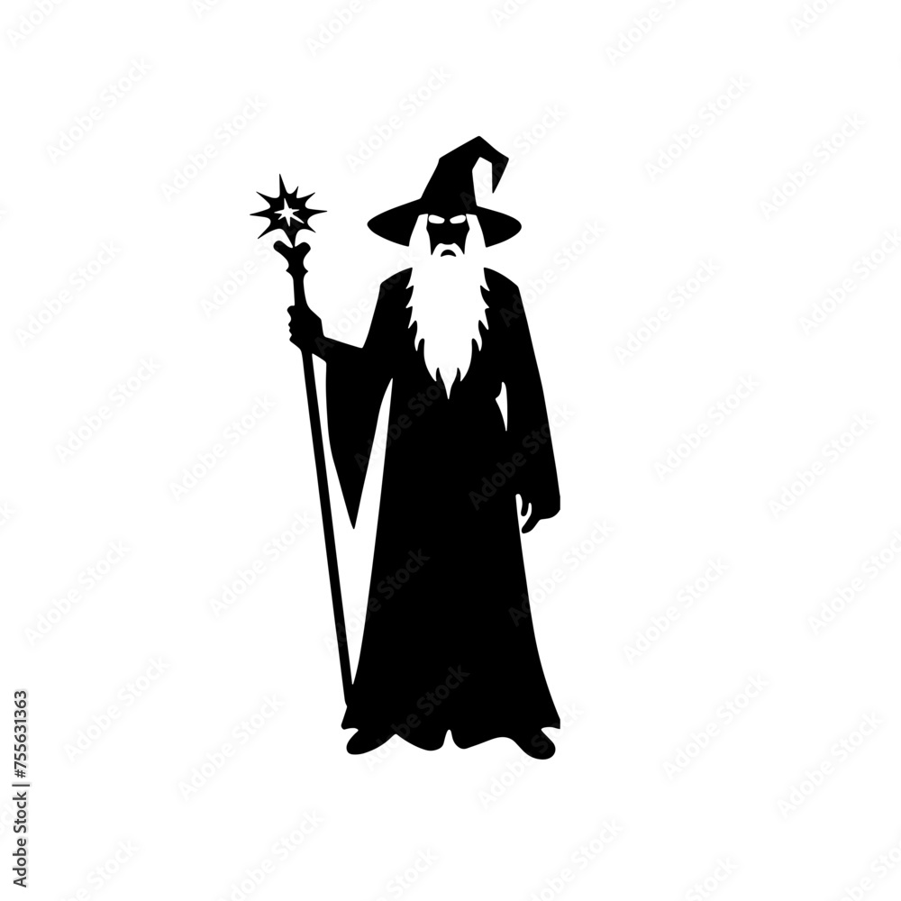 Cartoon Black and White Isolated Illustration Vector Of A Simple Wizard ...