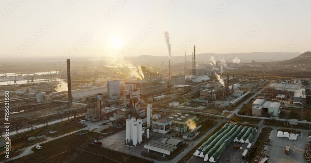Industrial zone factory chimney billowing thick smoke pollutes ...