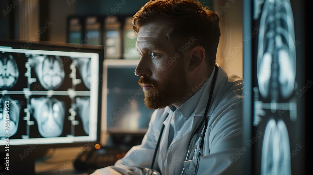 Focused medical professional analyzing x-ray images in a dark room ...