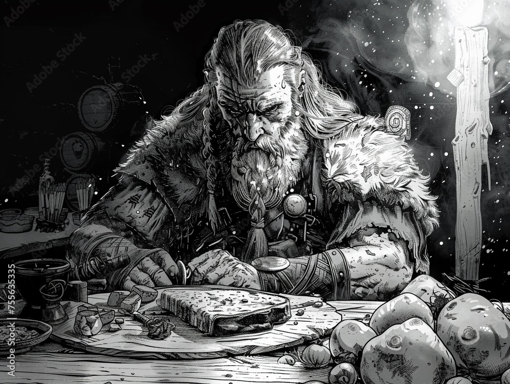 Finnish Viking rendered in anime style with crosshatching emulating ...