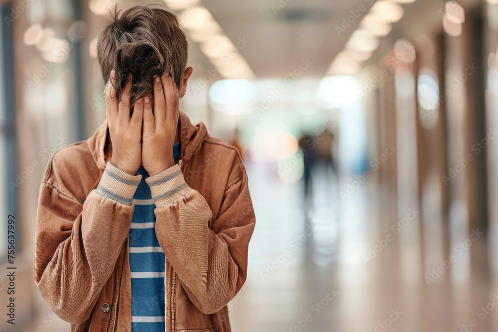 Upset teenage coveredface with hands while standing alone in a school ...