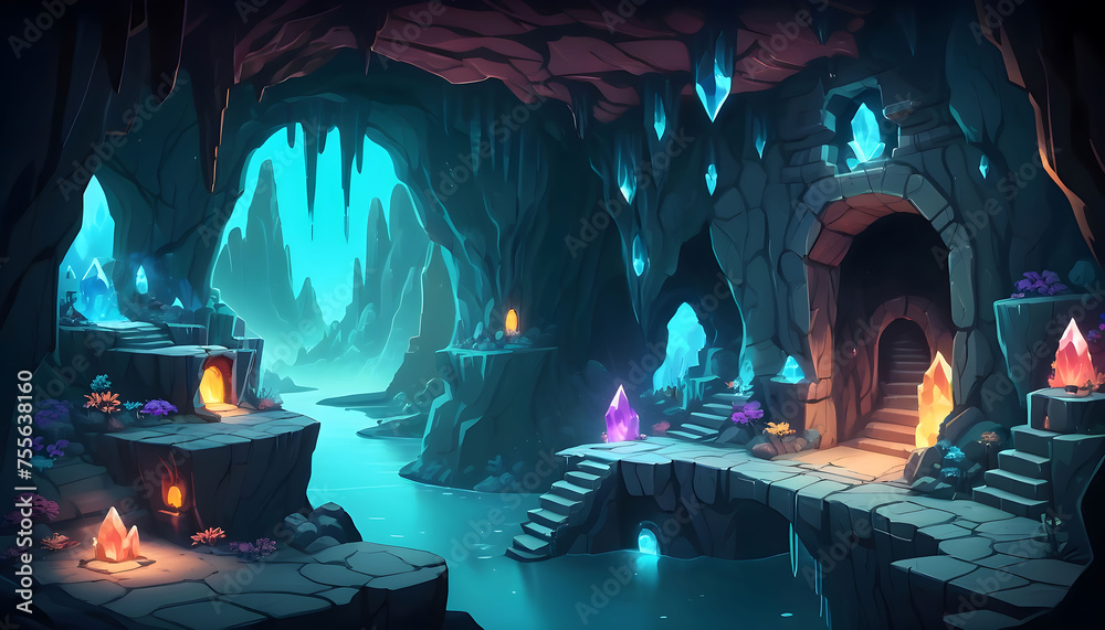 Game platform cartoon underground cave, fantasy world landscape Stock ...