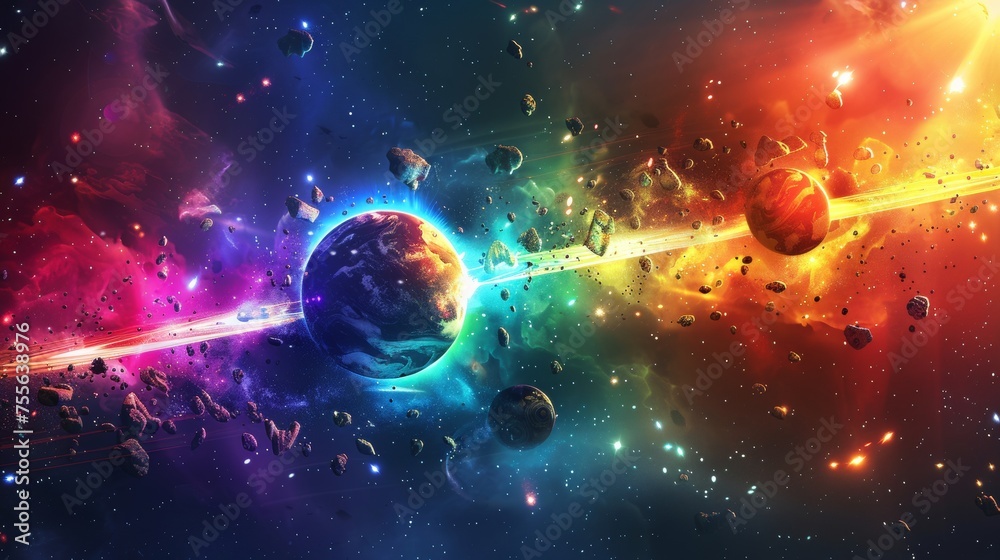 Cosmic event concept with planets colliding and energy bursts on a ...