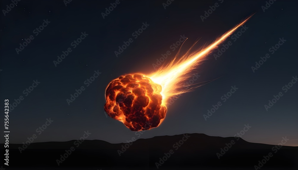 A brilliant flaming meteor with glowing molten tail streaking across ...