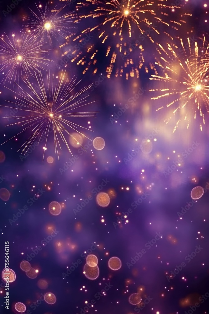 Purple and gold explosions fire works and bokeh backdrop for new year's ...