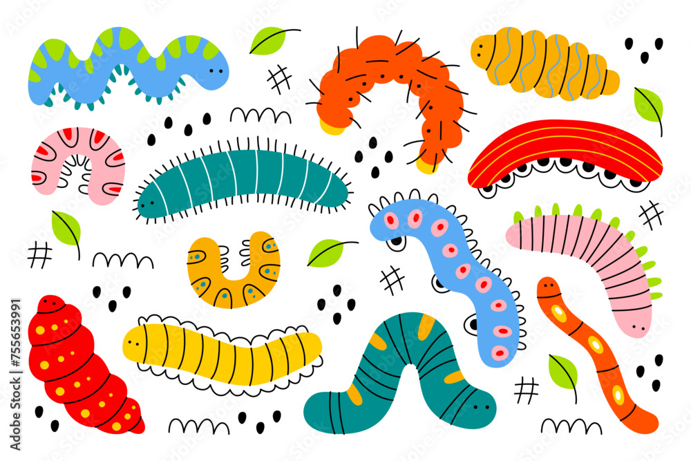 Funny colorful cartoon caterpillars insects, cute crawling bug ...