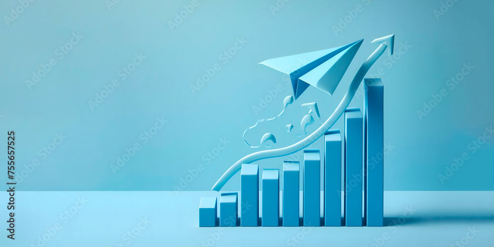 Growth graph isolated on blue background with blue paper plane, a ...
