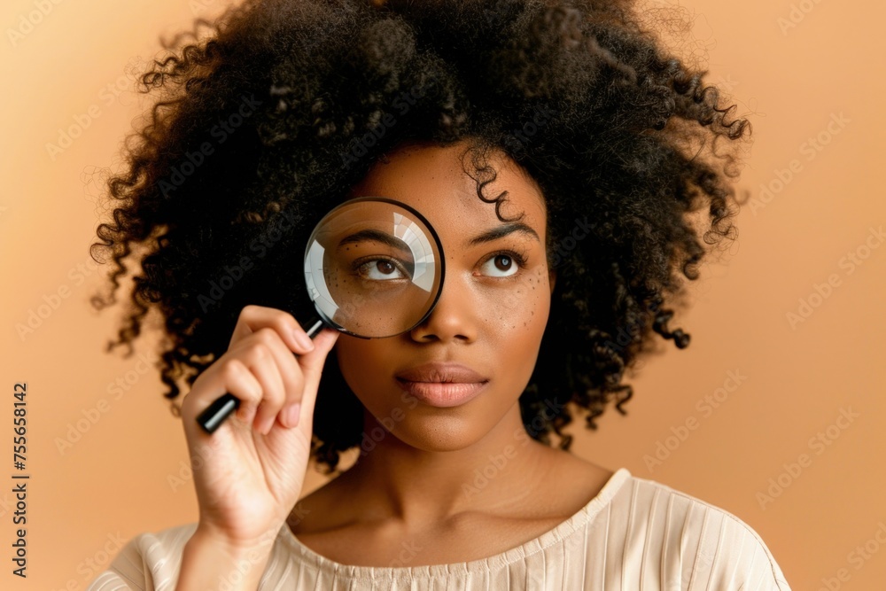 Black woman looking through a magnifying glass, concept of curiosity ...