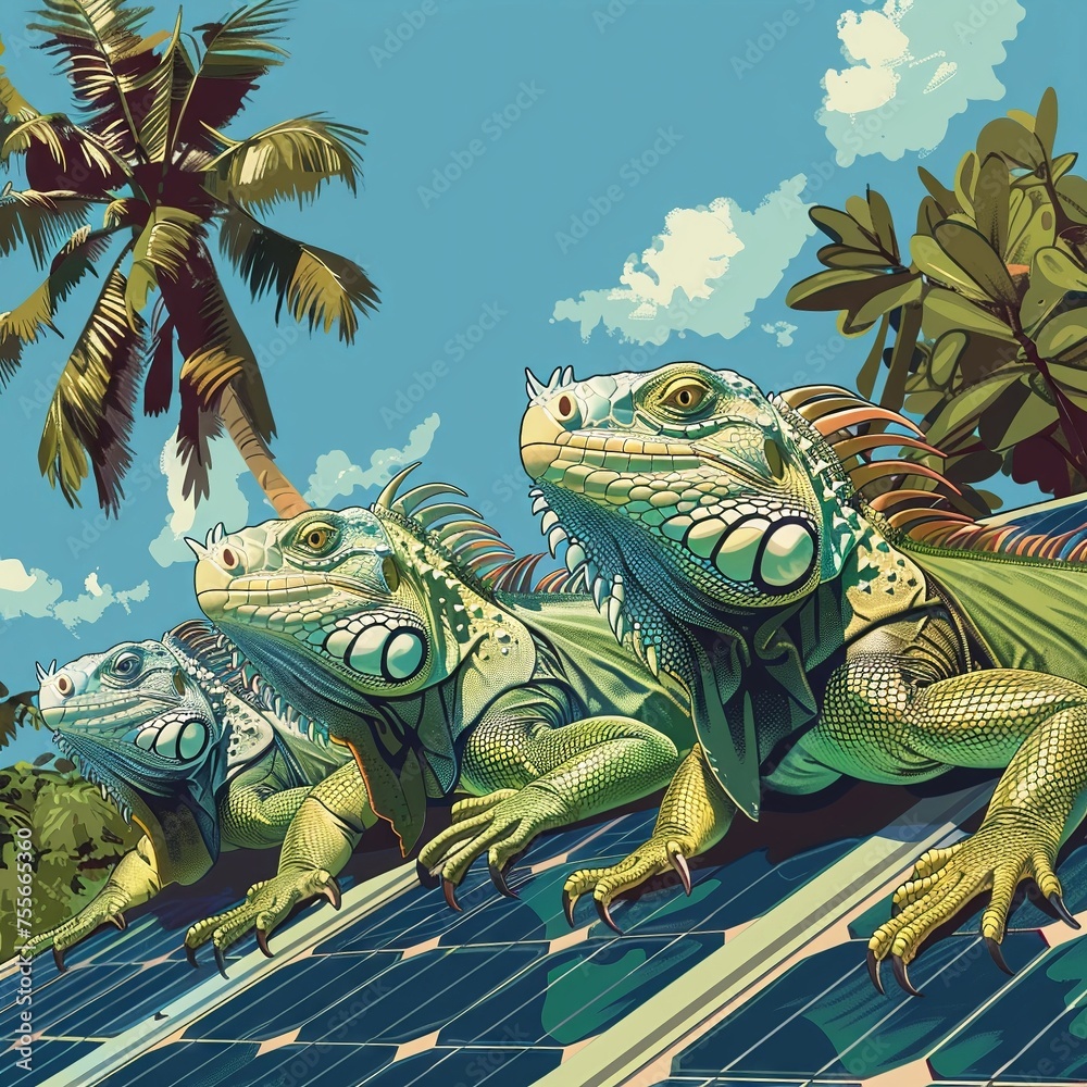 Iguanas sunbathing on solar panels charging up for the night with ...