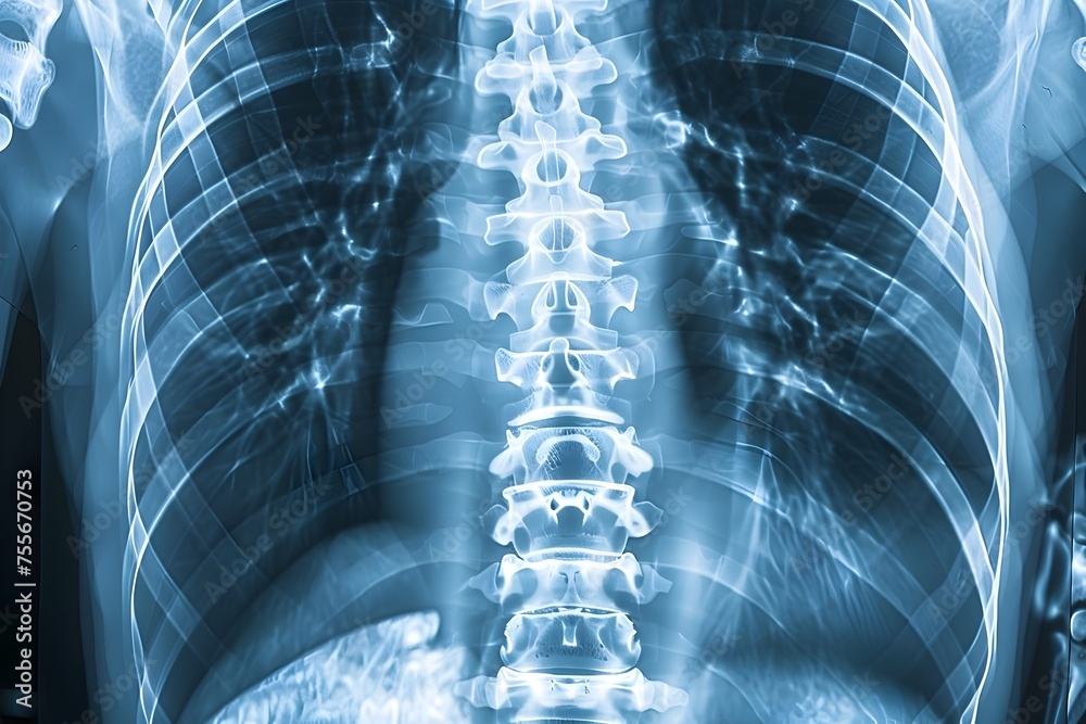 High-Resolution Blue Tone X-Ray Image of Adult Male Spine in Radiology ...