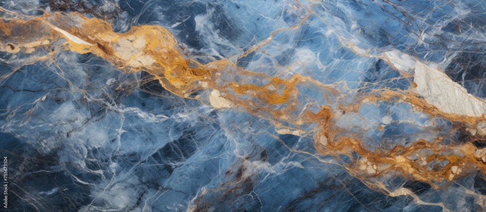 Detailed close-up view of a polished blue and gold marble slab ...