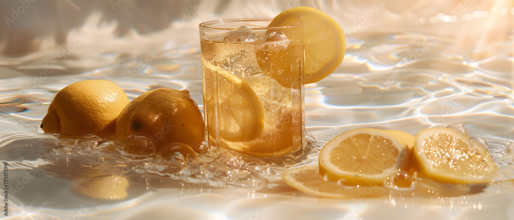 Partial underwater shot of A iced lemon tea in a colour scheme, shot ...