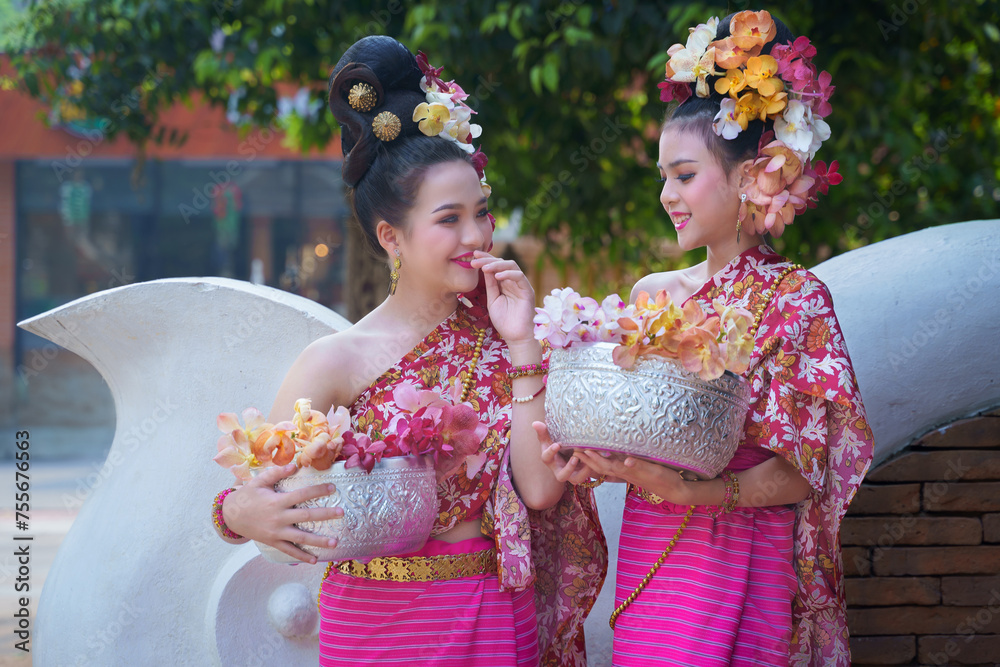 Pretty Asian women wearing ancient native Northern Thai dress costumes ...