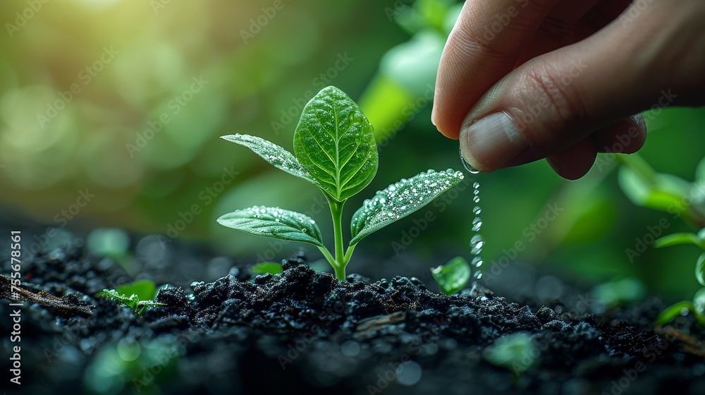 Growing plants. Hand nurturing and watering young baby plants as they ...