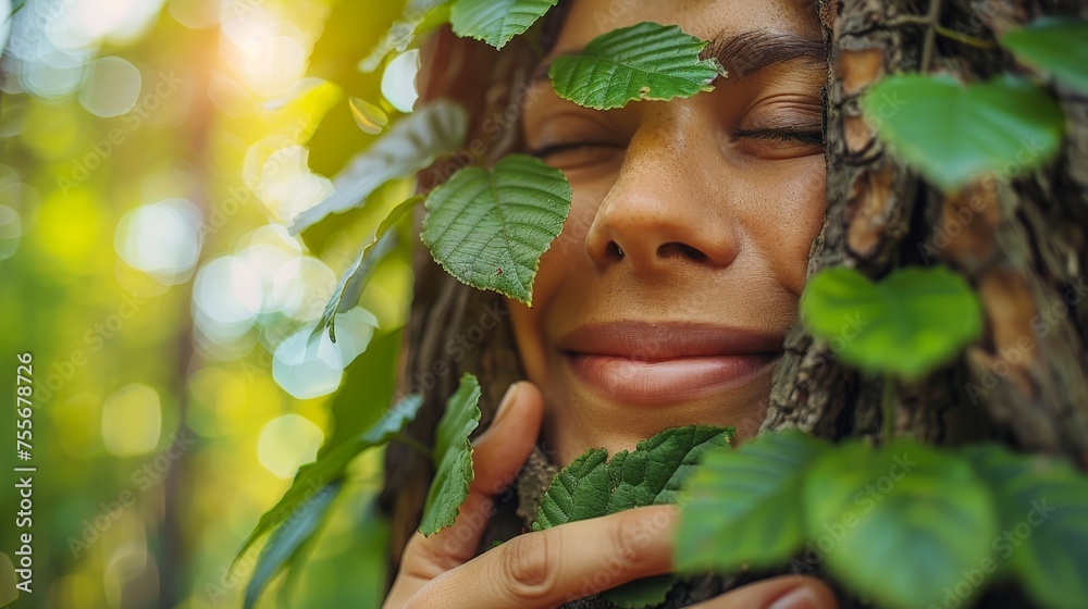 Green natural background with a nature lover hugging a trunk tree with ...