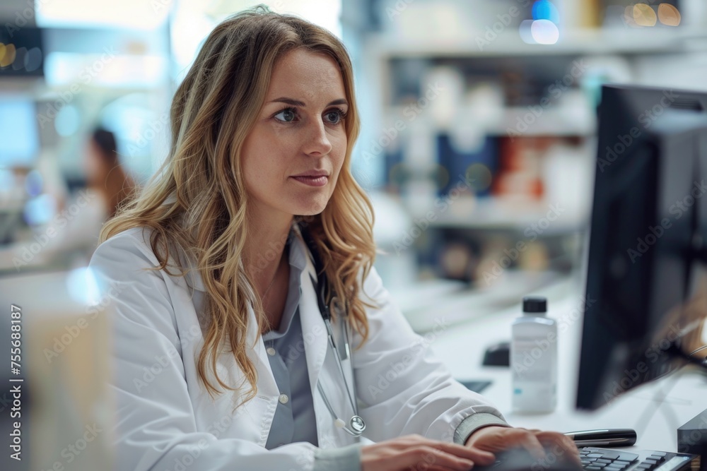Picture of an intelligent blonde woman in a lab coat, focused while ...