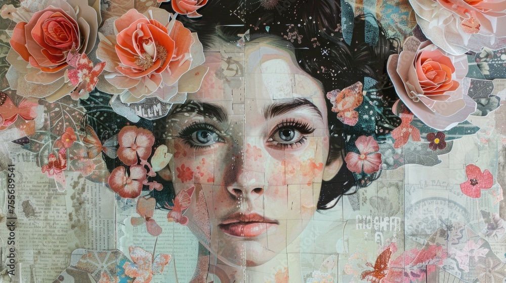 Pop Art Collage. A woman's face artfully integrated into a retro trendy ...