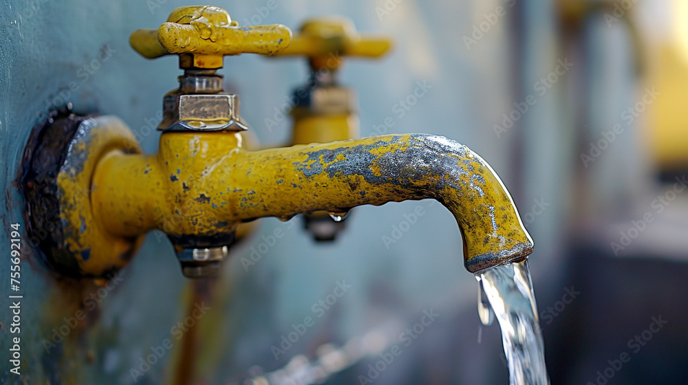 Old yellow tap with running water. Clean water flows from the tap ...