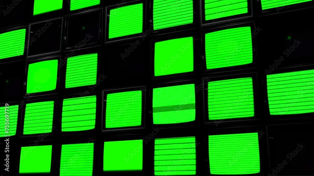 Dark Room with TV Monitor Screens Displaying Bright Green Screen Static ...