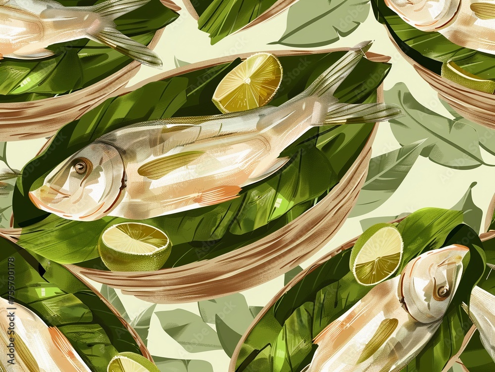 2D Illustrate of Hor Mok Steamed Fish dishes with fish fillets nestled ...