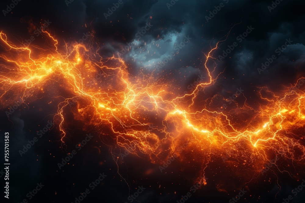 In the abstract expanse of the sky, electric energy sparks, painting a ...