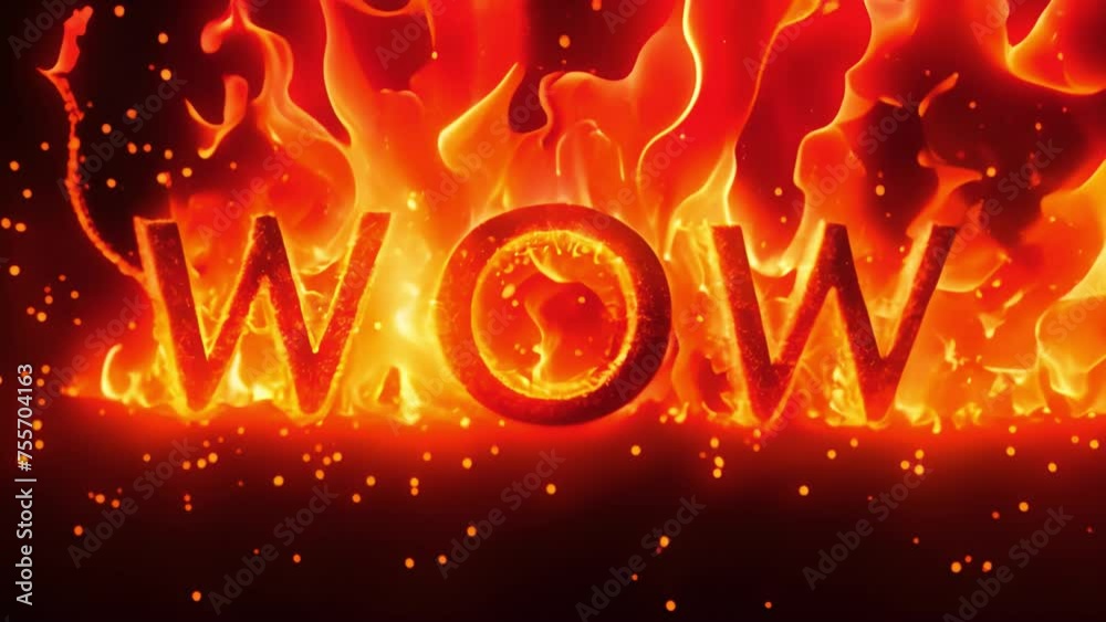 Vidéo Stock Text wow with fire flames burning. Wow on fire on dark ...