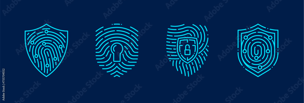 Fingerprint shield icon for secure lock technology and biometric access authorization, vector ...