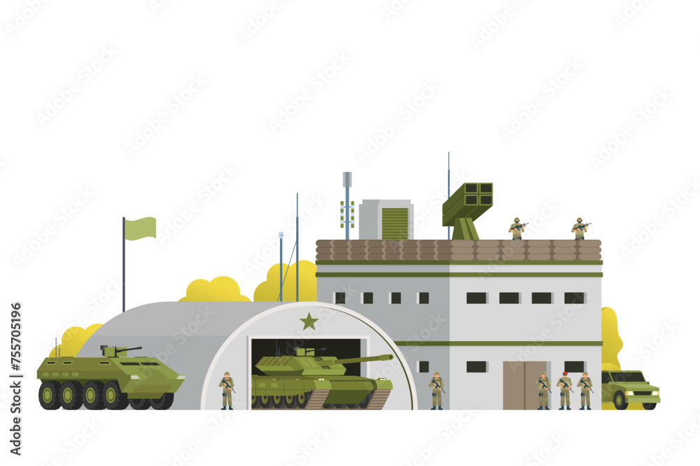 Vector military base building and vehicle or infographic elements ...