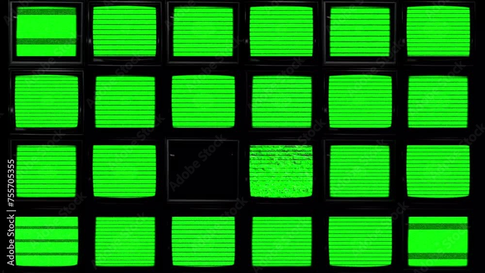 A grid of monitor screens with a green screen effect to key out and ...