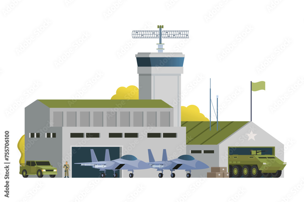 Vector military base building and vehicle or infographic elements ...