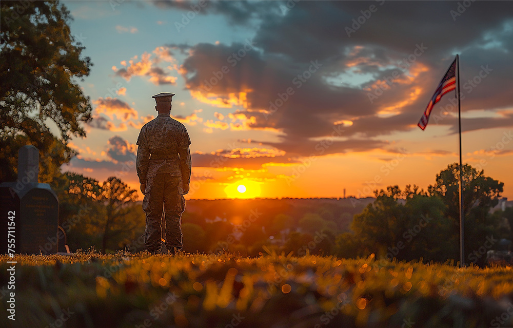 military man, soldier at a military cemetery. A moment of silence in ...