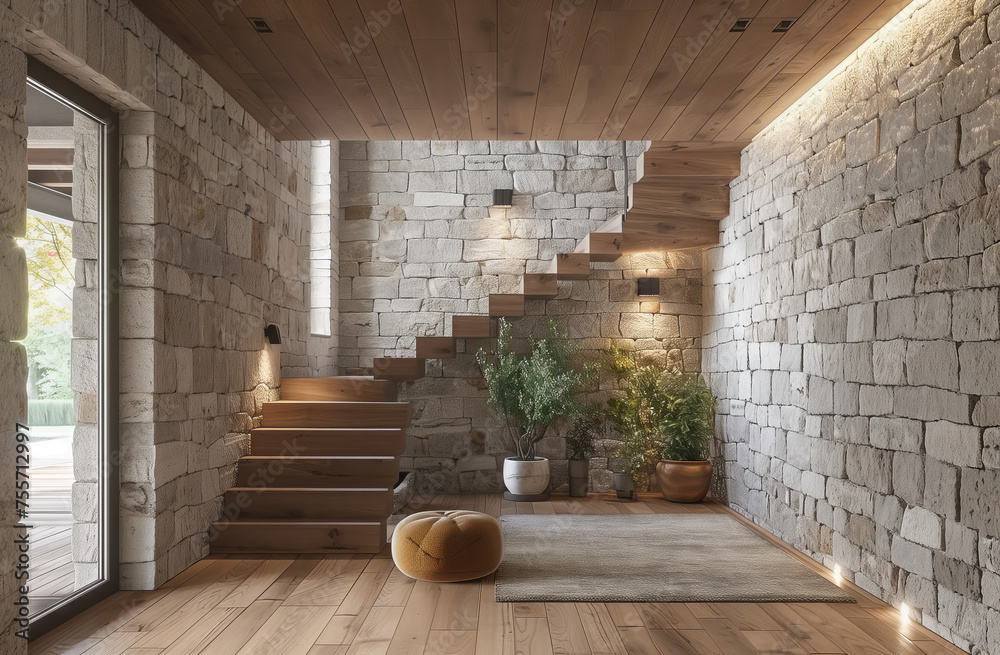 Rustic Stone Staircase with Natural Wood Accents. Natural light floods ...