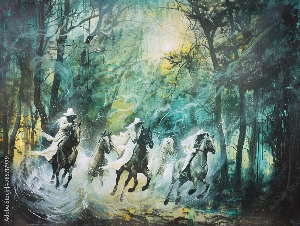Graffiti Art of Equestrian riders race through a forest haunted by ...