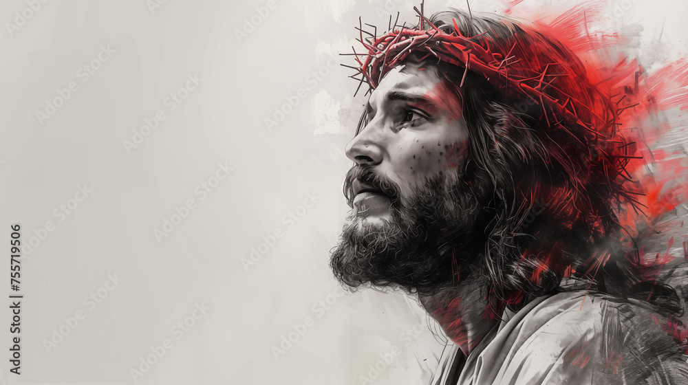 Jesus Christ with red crown of thorns on his head. Stock Illustration ...