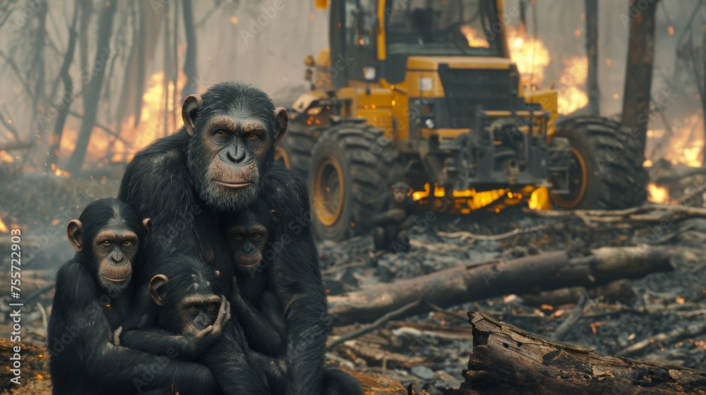 A family of chimpanzees hugged each other in a fire-ravaged forest ...